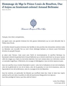 Message du prince Louis de Bourbon suite au décès du lieutenant-colonel ...